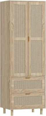 HOMCOM ložnicová skříň se 2 ratanovými dveřmi, 2 zásuvkami a věšákem, 63 x 47 x 185 cm, přírodní dřevo