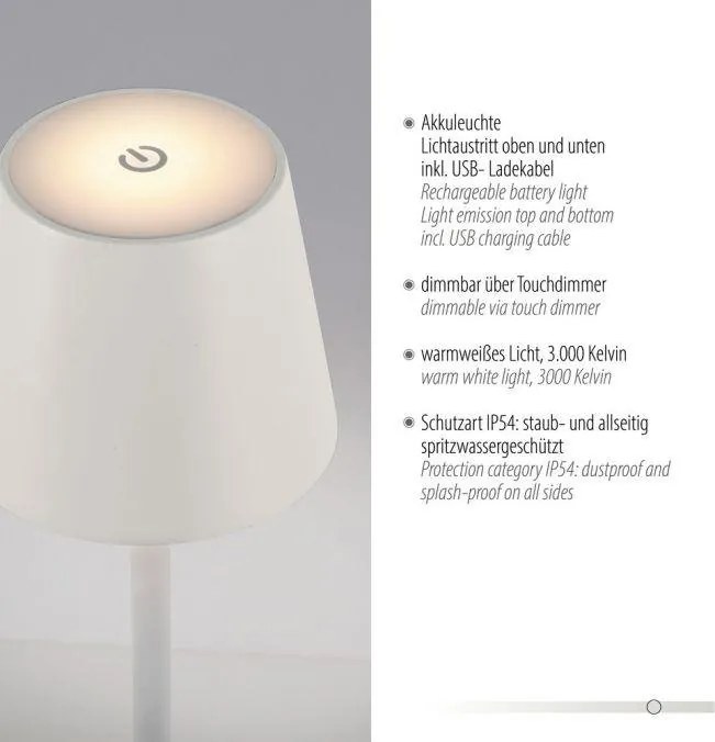 LD 19252-16 LED bateriové svítidlo bílé, stojací a stolní lampa, dotykový stmívač, IP54 pro venkovní použití 3000K - JUST LIGHT