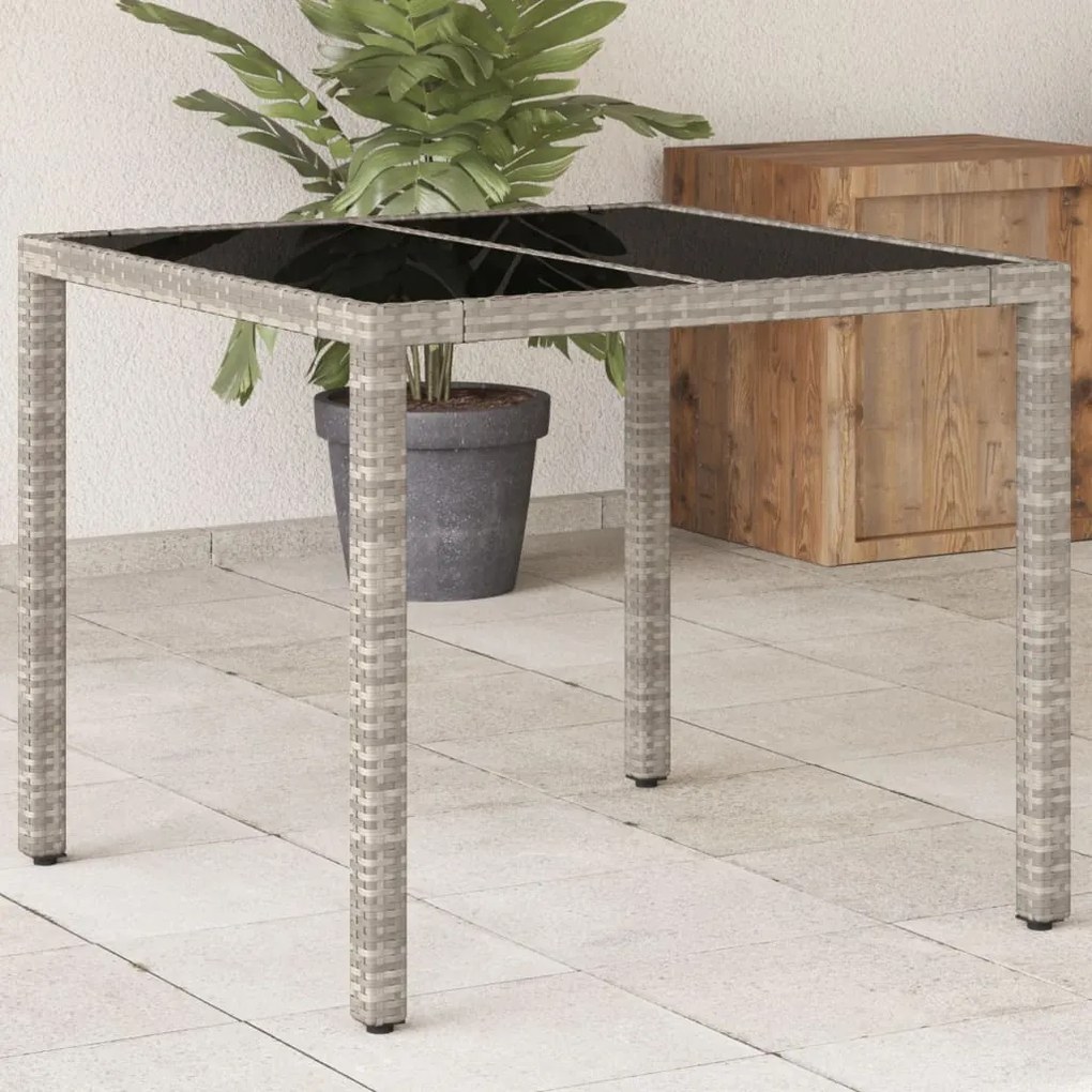 vidaXL Zahradní stůl skleněná deska světle šedý 90x90x75 cm polyratan