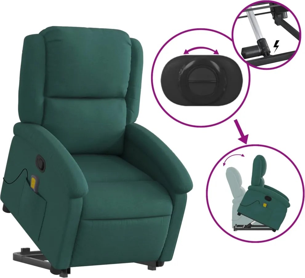 Zvedací masážní polohovací křeslo tmavě zelené textil 3204182