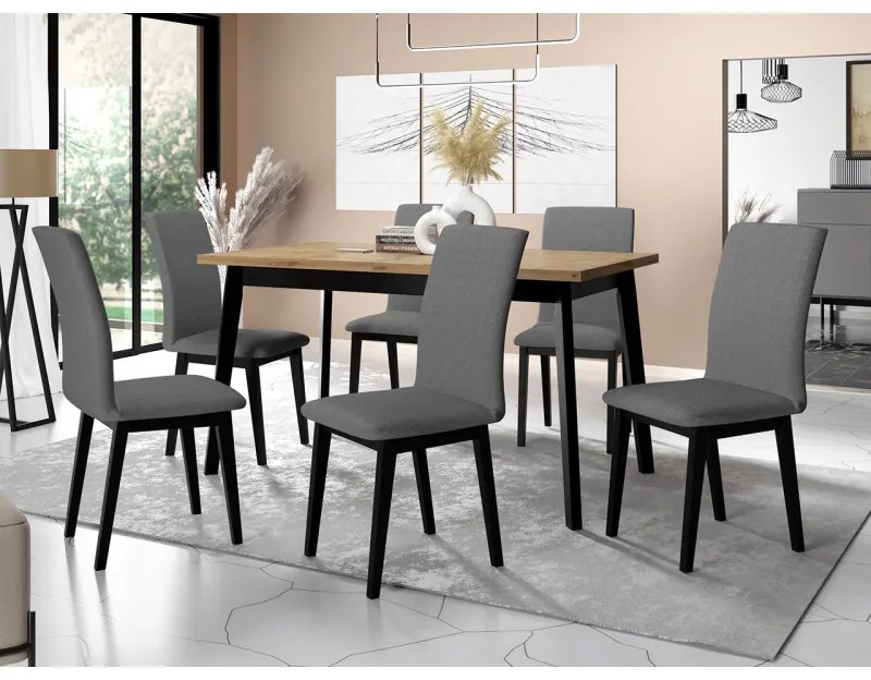 Jídelní stůl se 6 židlemi AL23, Barva dřeva: dub artisan - L, Potah: Kronos 7, Barvy nožiček: černá