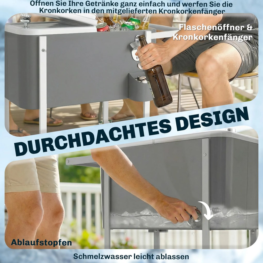 Outsunny chladicí vozík 56 l na kolečkách s policí, otvíráčem a vypouštěním — venkovní párty chladnička, 84 × 38 × 83 cm, šedá