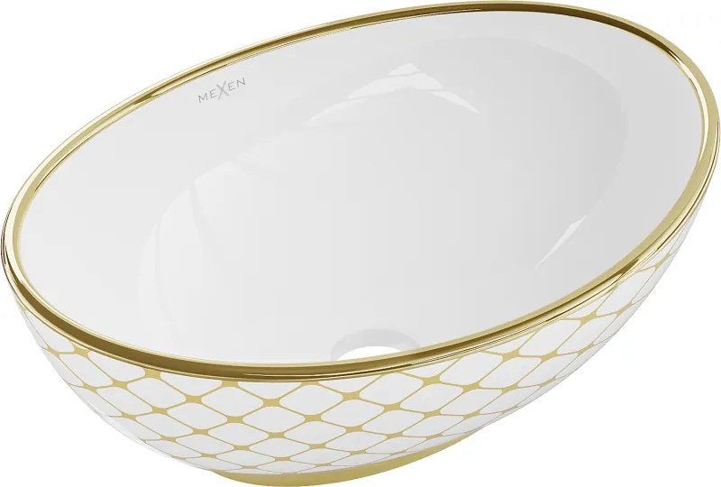 Mexen Elza, keramické umyvadlo na desku 405 x 330 mm, bílá-zlatý vzor, 21014009