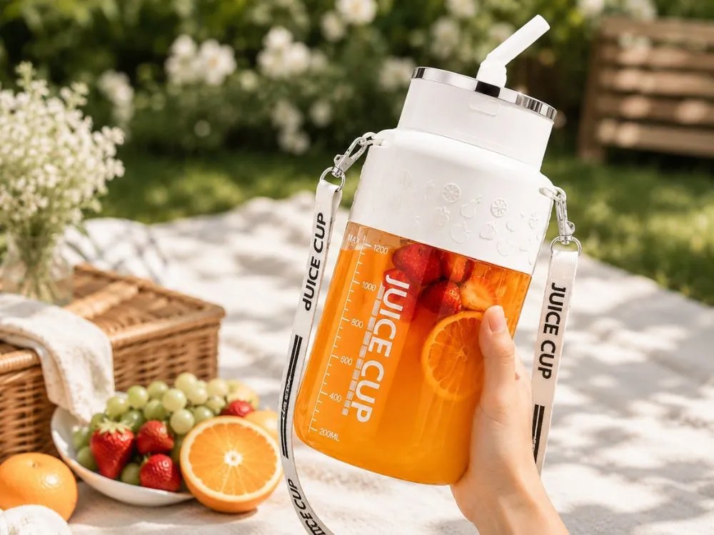 Verk Group Láhev s mixérem usb 1200 ml, hrnek na smoothie, šejker se slámkou a páskem