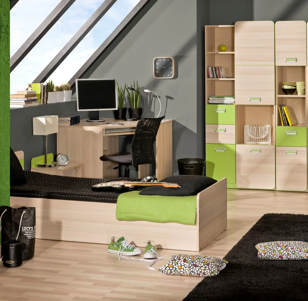 Moderní dětský pokoj LORENTO sestava 13 Matrace 195x80x12: bez matrace +0Kč, Barevné provedení Lorento: Jasan Coimbra / Zelená