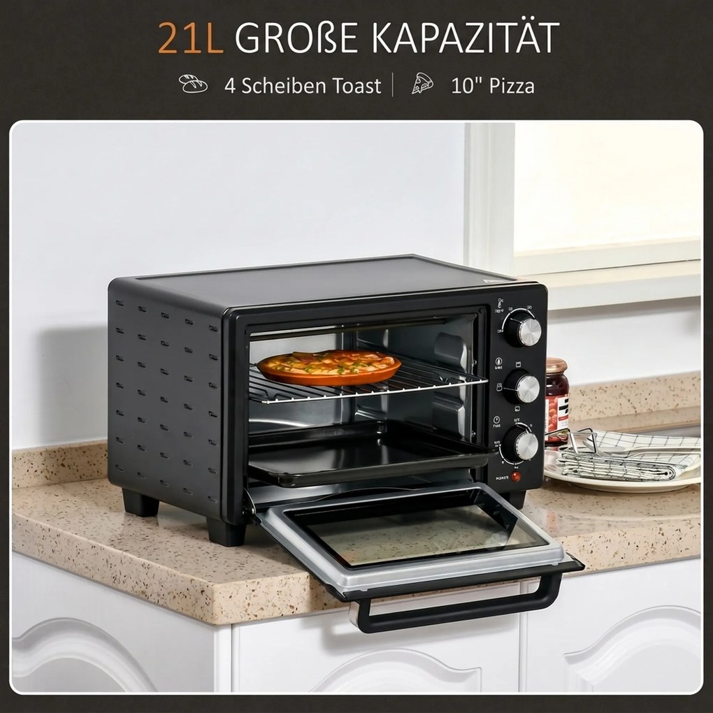 HOMCOM Mini trouba 21L, 3 režimy pečení, 100°C-230°C, 1400W, nerez a sklo, černá+stříbrná, 46.4x38x28.5cm