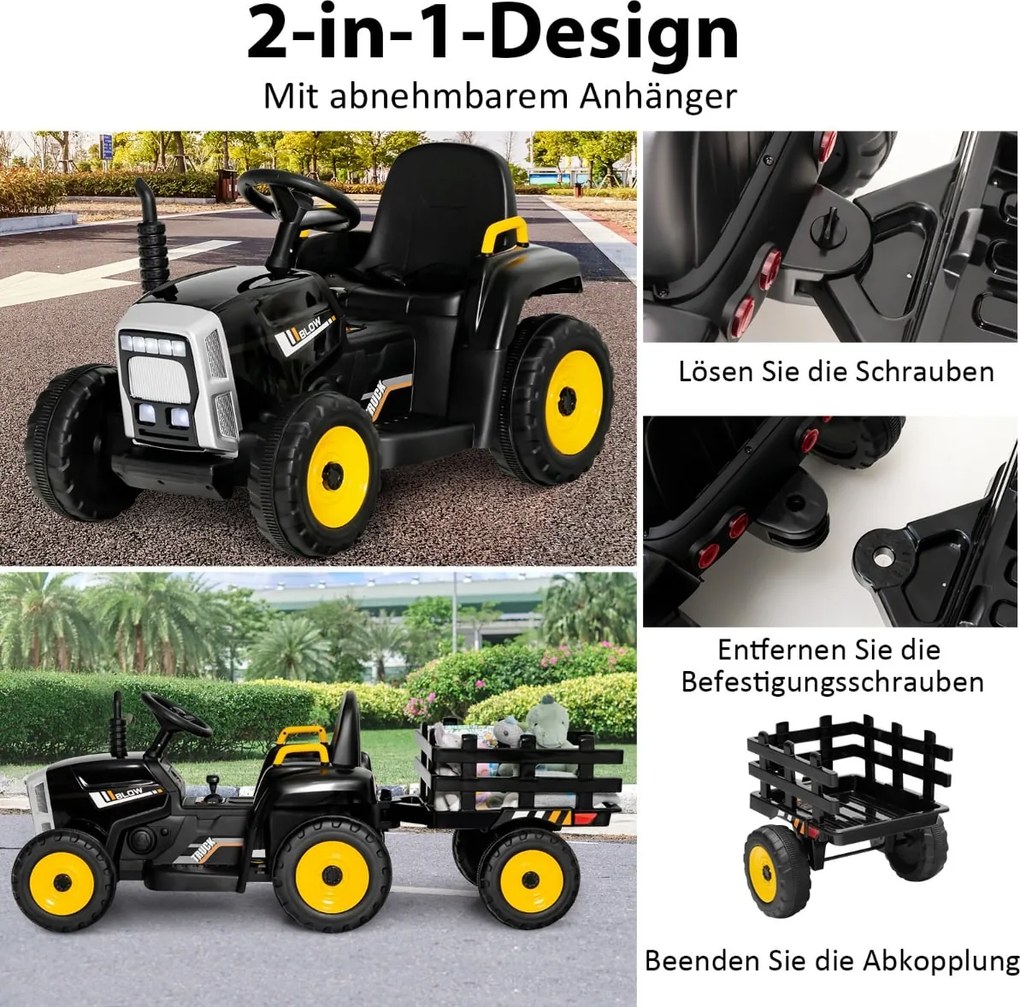 Costway 12 V dětský traktor s odnímatelným přívěsem a dálkovým ovládáním