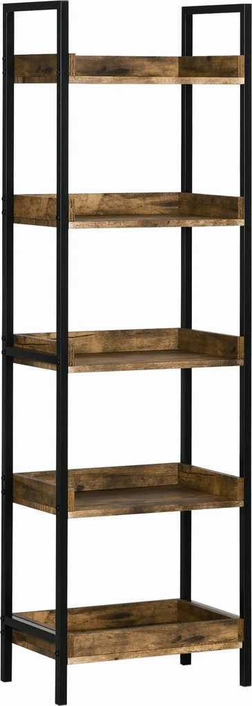 HOMCOM Knihovna v industriálním stylu s 5 policemi, Dřevěná a kovová knihovna pro domov a kancelář, 48x30x155cm, Rustikální hnědá