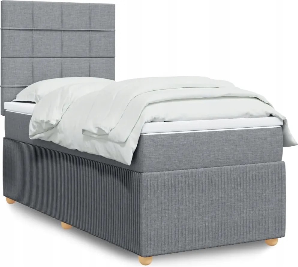 Box Spring Postel S Matrací Textil Světle Šedá Blok se čtverci 90 x 200 c