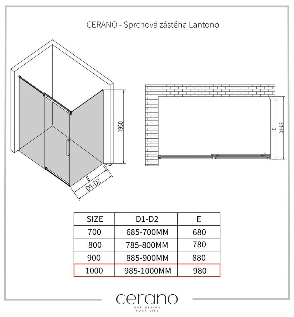 CERANO - Sprchová zástěna pro dveře Lantono L/P - 8 mm - černá matná, grafitové sklo - 100x195 cm - jednodílná pevná, CER-CER-8050BD7243