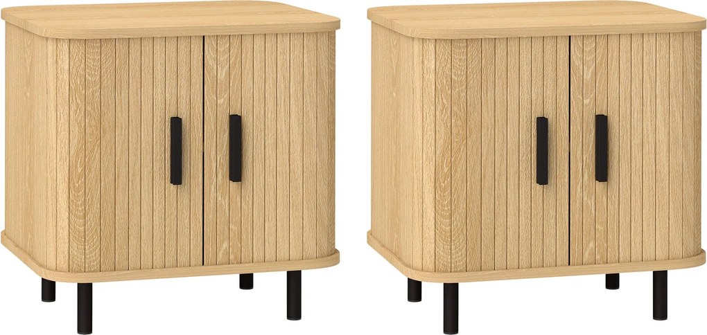 HOMCOM Sada 2 Nočních Stolků s Posuvnými Dveřmi, 2 Police a Ocelovými Nohami, Skandinávský Styl pro Obývací Pokoj 48x40x48 cm Dub | Aosom