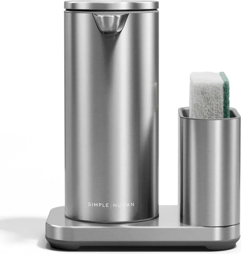 Bezdotykový kovový stojan na mycí prostředky ve stříbrné barvě – simplehuman