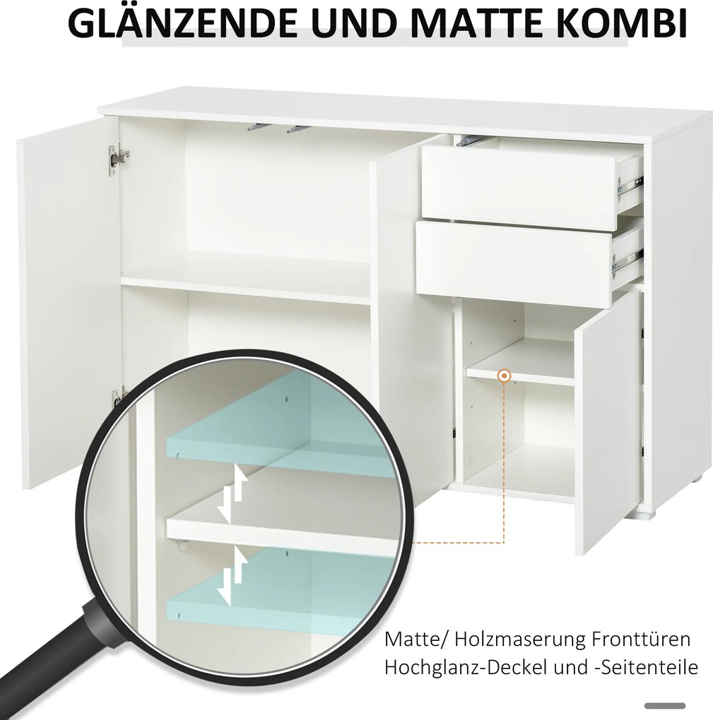 HOMCOM Příborník bílý Komoda se 2 zásuvkami a 3 dvířky, víceúčelová skříň, skříňka na dokumenty, 117x36x74cm