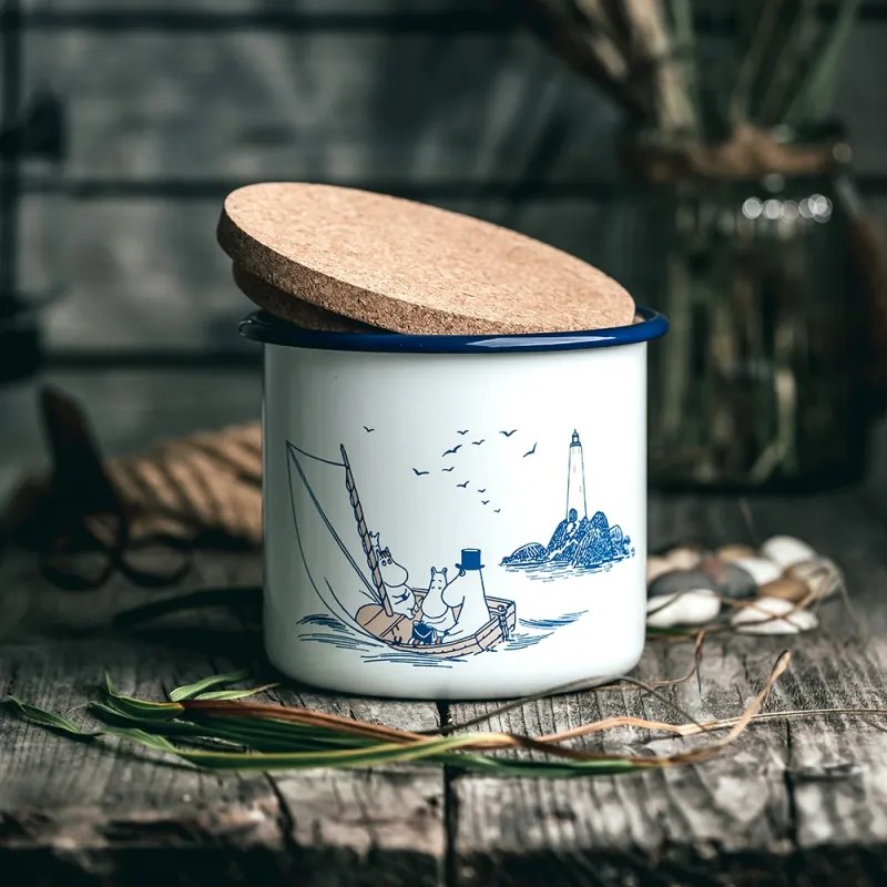 Dóza s víkem Moomins Sailors 1,3l, smalt-korek / bílo-modrá