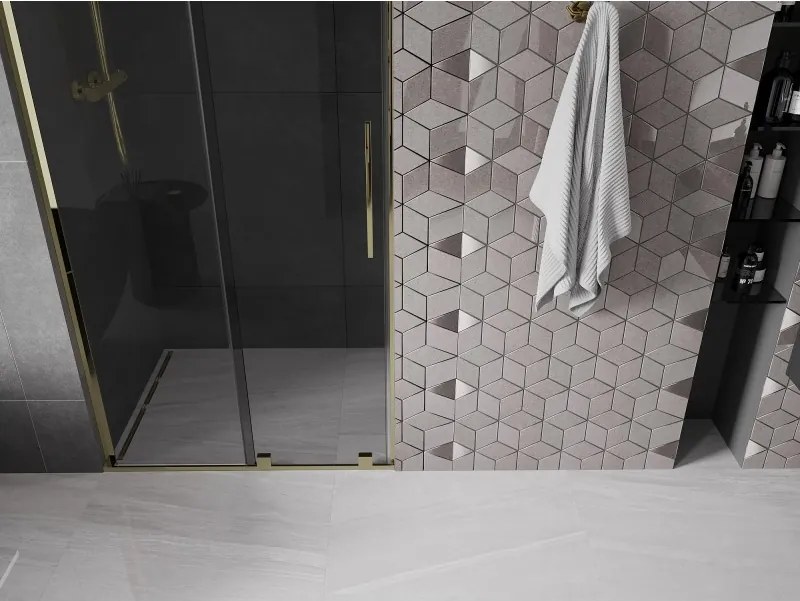 Mexen Velar L, posuvné sprchové dveře do otvoru 110 cm, 8mm šedé sklo, zlatá lesklá, 871-110-003-41-50