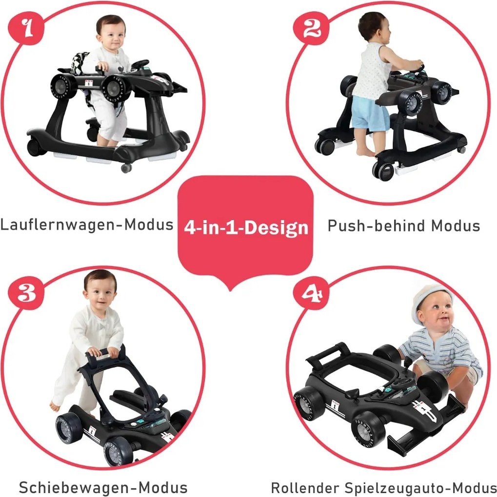 Costway 4 v 1 Dětské chodítko Skládací chodítko 73 × 61 × 51,5/53,5/55,5 – černý