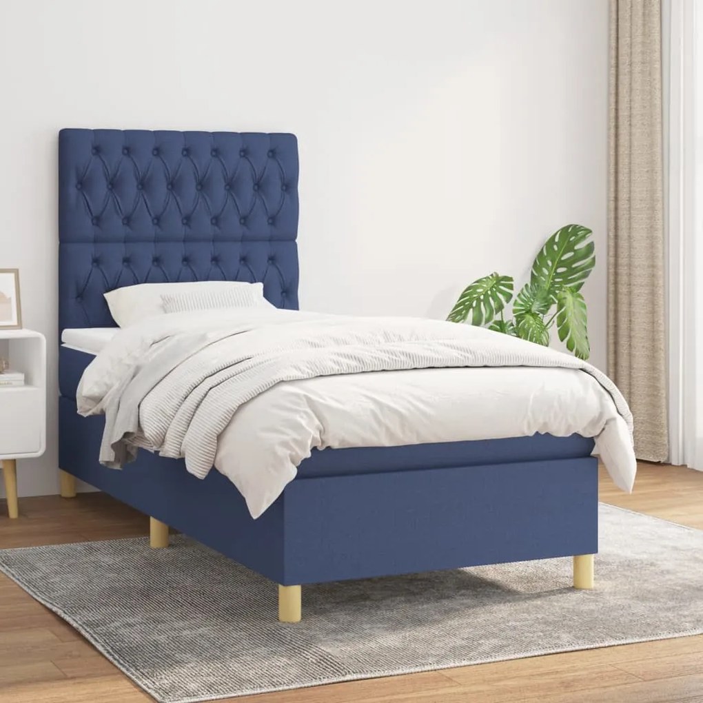 Box spring postel s matrací modrá 100 x 200 cm textil,  3142559