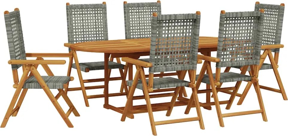 7dílný zahradní jídelní set šedý polyratan a masivní dřevo 3281719