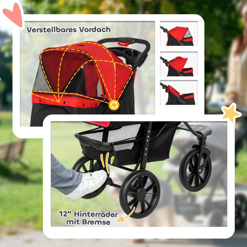 Skládací kočárek pro psy Kočárek pro psy do 10 kg se 3 koly, síťovaná okénka Držák na pohár Úložný koš 109,5x57,5x106,5 cm Červený