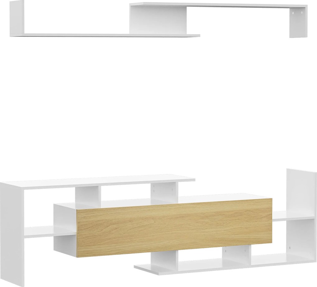 HOMCOM Sada nábytku do obývacího pokoje - TV stolek pro TV do 65" zavěšený na stěně nebo do 40" stojící na zemi, TV stůl 153,6x25x42 cm a nástěnná pol
