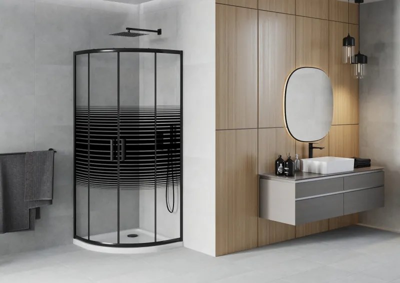 Mexen Rio, čtvrtkruhový sprchový kout s posuvnými dveřmi 80 (dveře) x 80 (dveře) x 190 cm, 5mm čiré sklo s pásky, černý profil + bílá sprchová vanička SLIM, 863-080-080-70-20-4110B