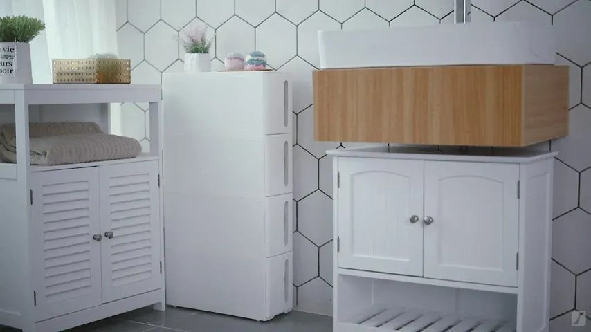 Plastový kuchyňský organizér se 4 zásuvkami 45x17x83 cm, bílý-hnědý