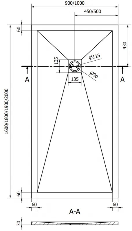 Mexen Stone+, obdélníková vanička z minerálního kompozitu 180 x 100 cm, bílá, černá krytka, 44101018-B