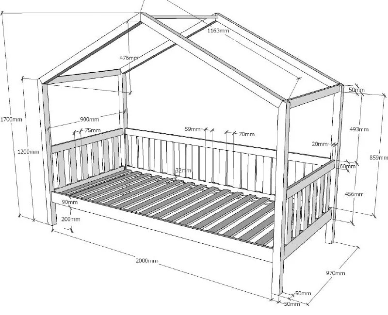 Domečková dětská postel z borovicového dřeva Vipack Dallas, 90 x 200 cm