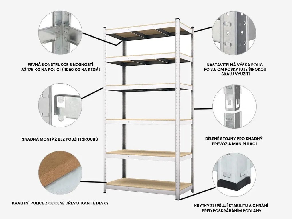 Fistar Regál 2200x900x400 mm kovový zinkovaný 6-policový, nosnost 1050 kg