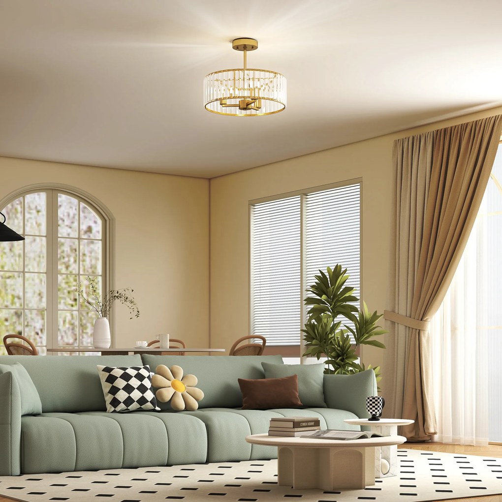Stropní svítidlo, lustrový design, křišťálové stínidlo, 3 žárovky, kov, zlatá barva