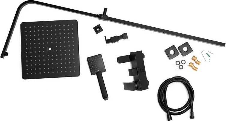 Erga Cube, sprchová souprava s pákovou baterií, vanovou výlevkou a dešťovou hlavicí 30x30cm, černá matná, ERG-YKA-BP.CUBE-30-BLK