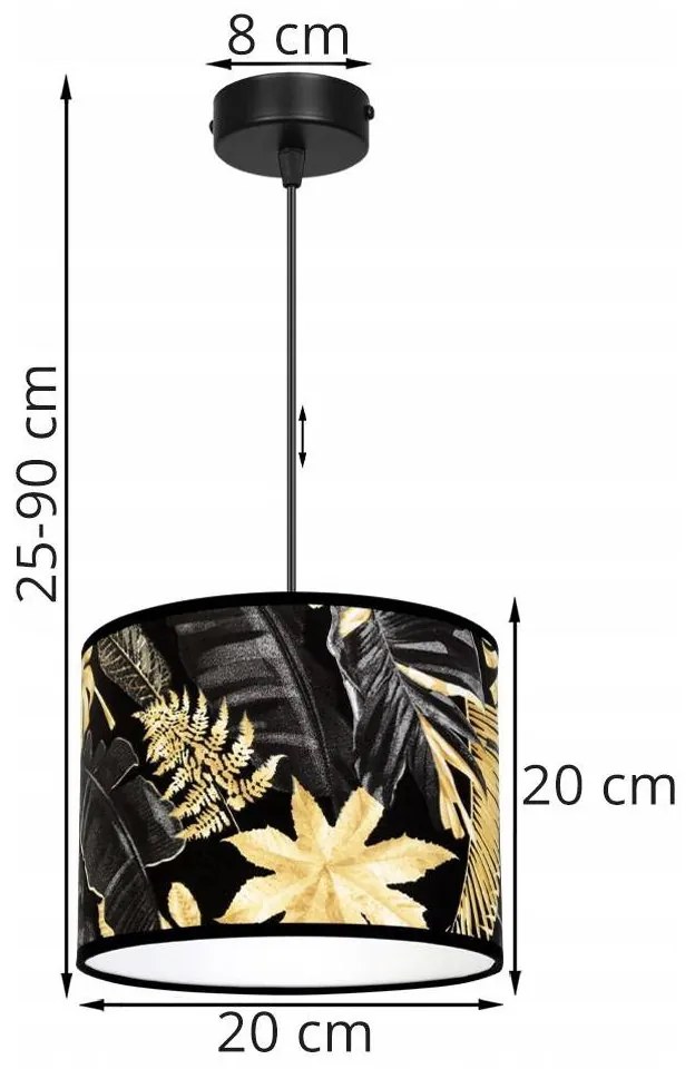 Závěsné svítidlo Gold Flowers, 1x černé textilní stínítko s květinovým vzorem