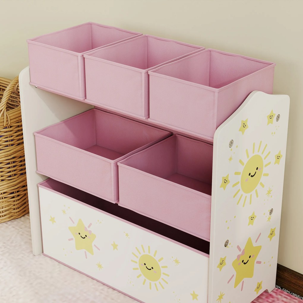 AIYAPLAY dětský regál na hračky se 3 úrovněmi a 6 vyjímatelnými netkanými látkovými koši pro mateřskou školku 63x30x66 cm růžová