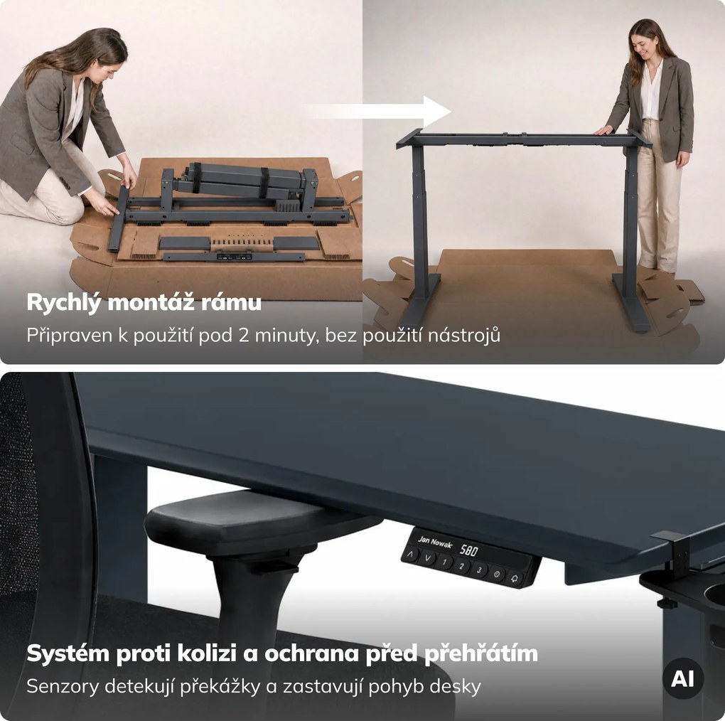 Elektrický stůl s nastavením výšky ergonomický antracitově-bílý, 1600x800 mm: ARIA