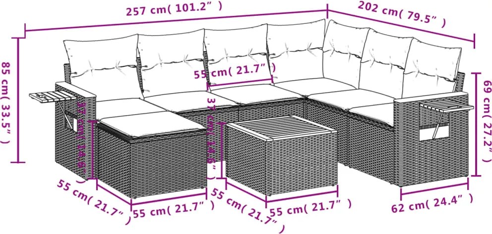 8dílná zahradní sedací souprava s poduškami šedá polyratan 3259456