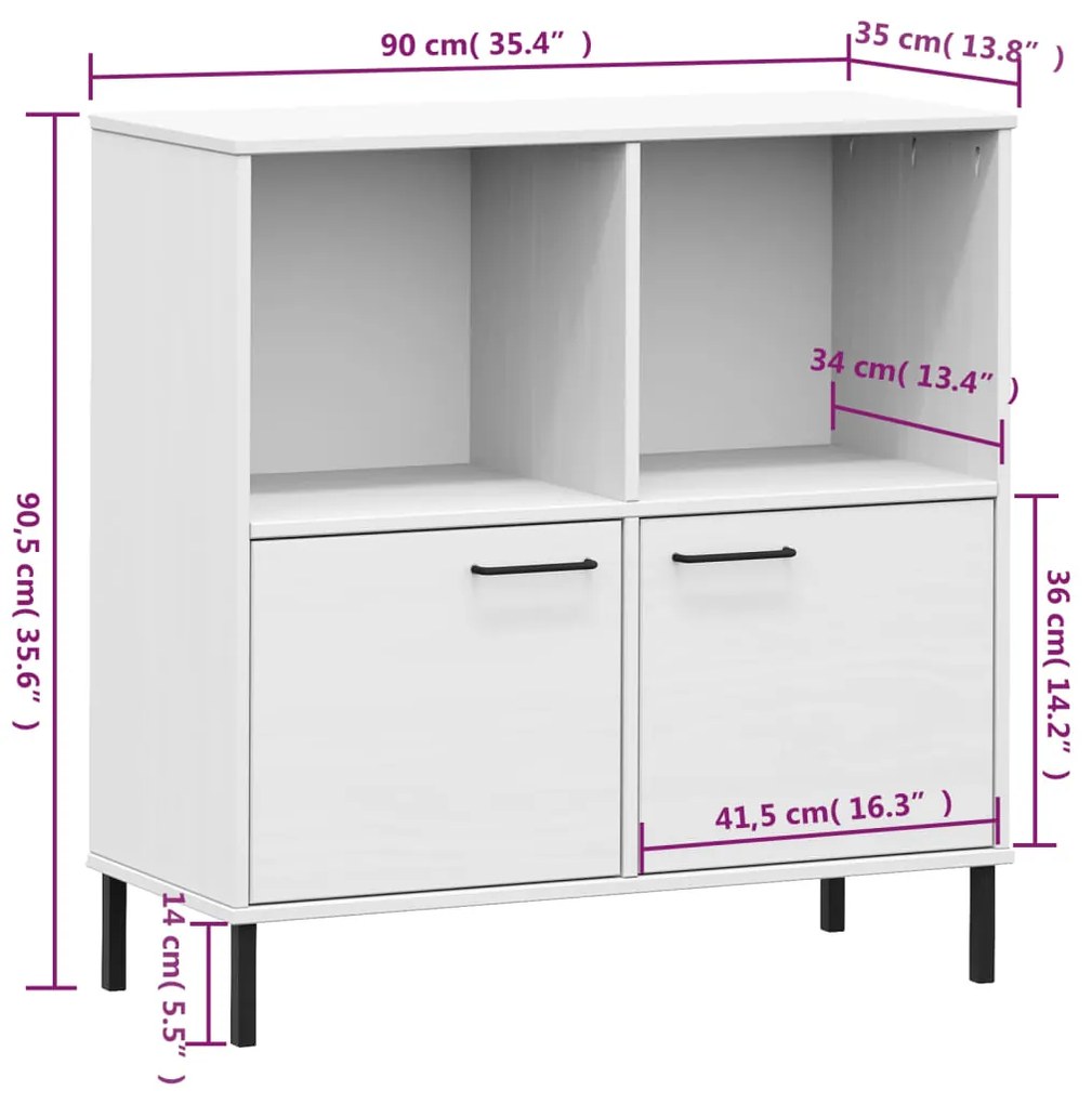 Knihovna Oslo s kovovými nohami - masivní dřevo - 90x35x90,5 cm | bílá