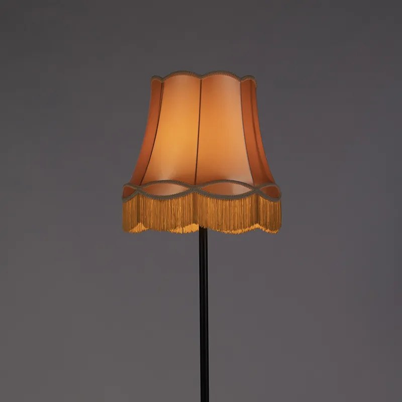 Retro stojací lampa černá s babičkovským stínítkem zlatým 45 cm - Simplo