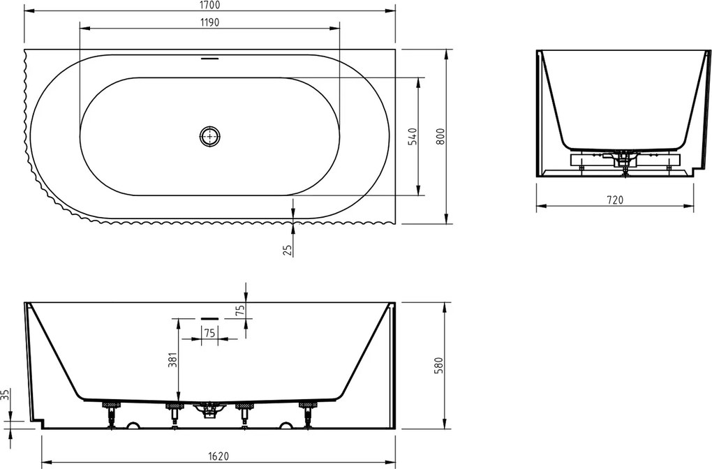Mexen Gia, volně stojící rohová vana, drážkovaná, pravá, 170 x 80 cm, černá matná, 52701708071P-SS