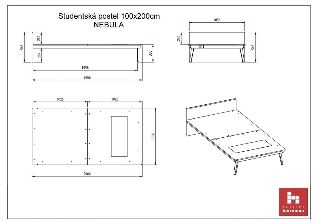 Studentská postel 100x200cm Nebula - černá/šedá