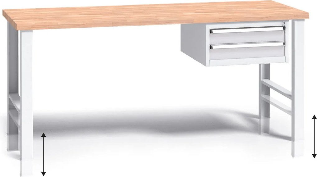 Výškově nastavitelný pracovní stůl do dílny G3 se závěsným boxem na nářadí, buková spárovka, 2 zásuvky, 1700 x 685 x 840 - 1050 mm, šedá