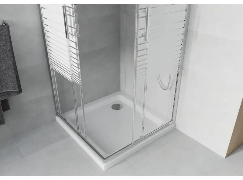 Mexen Rio čtvercový sprchový kout 80 x 80 cm, Pruhy, Chromovaná + sprchová vanička Flat, Bílá - 860-080-080-01-20-4010