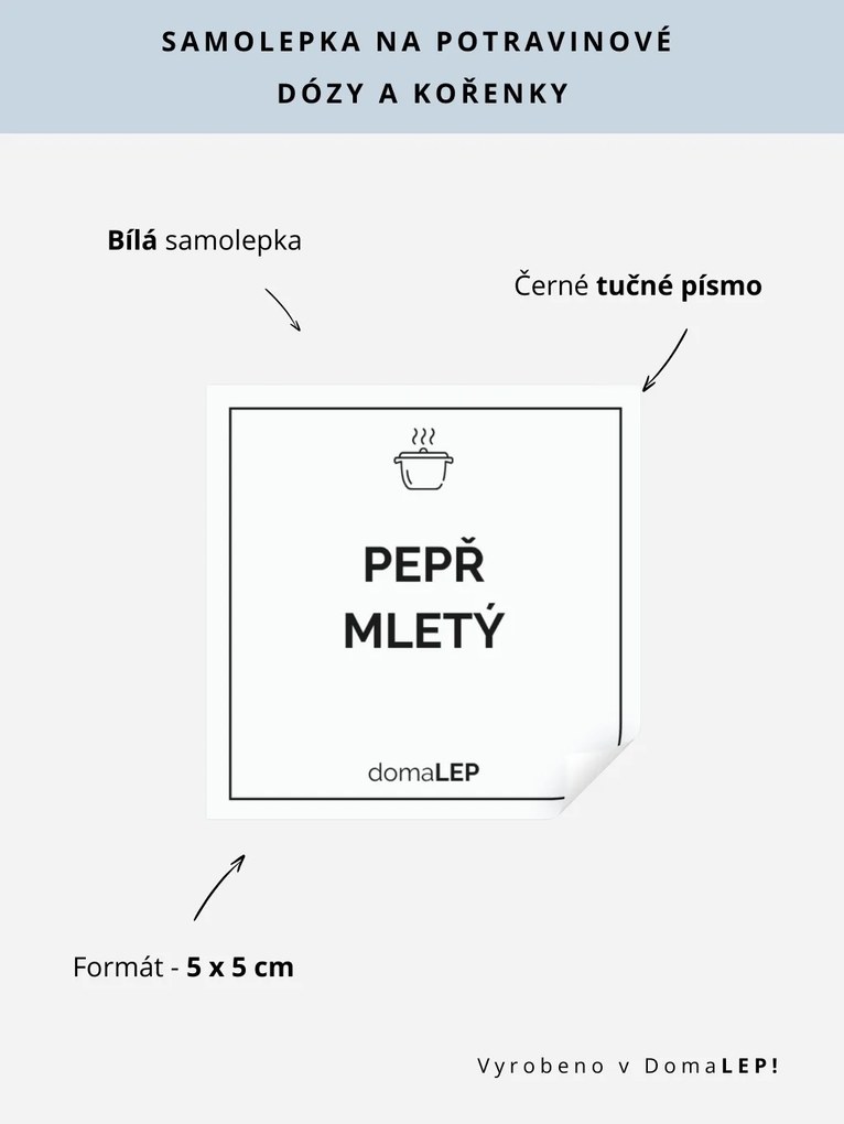 Samolepka na kořenky PEPŘ MLETÝ bílá 5 × 5 cm tučné písmo