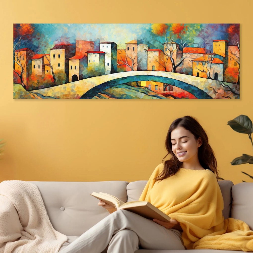 Obraz na plátně - Staré Rossano s řekou a mostem FeelHappy.cz Velikost obrazu: 120 x 40 cm