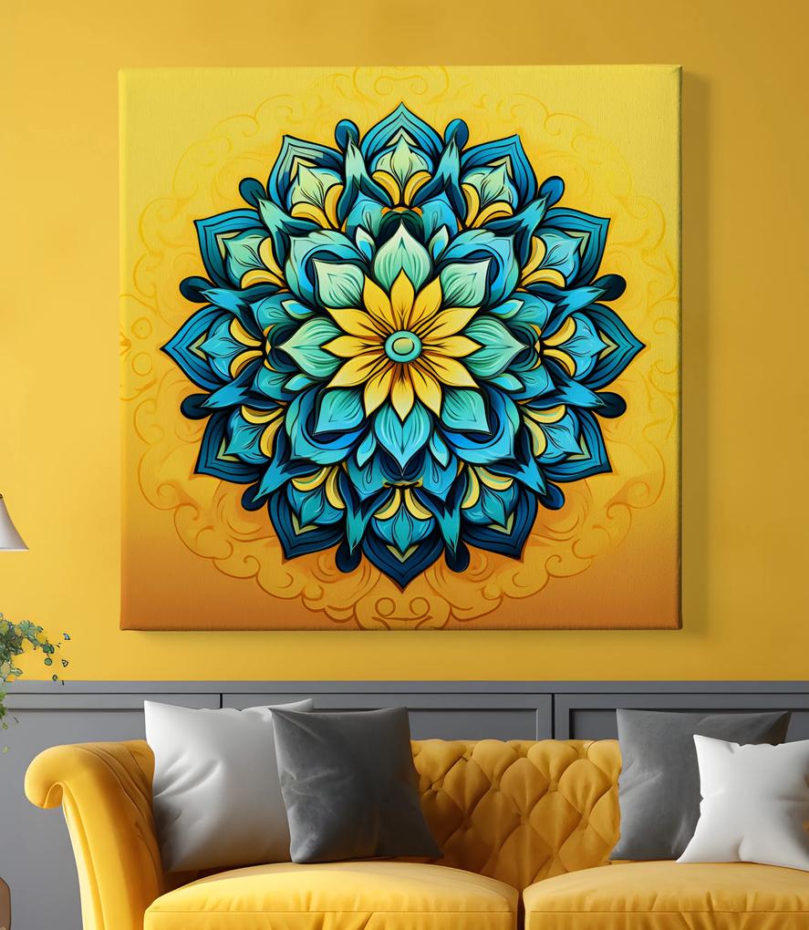 Obraz na plátně - Mandala žluto modrý květ FeelHappy.cz Velikost obrazu: 100 x 100 cm