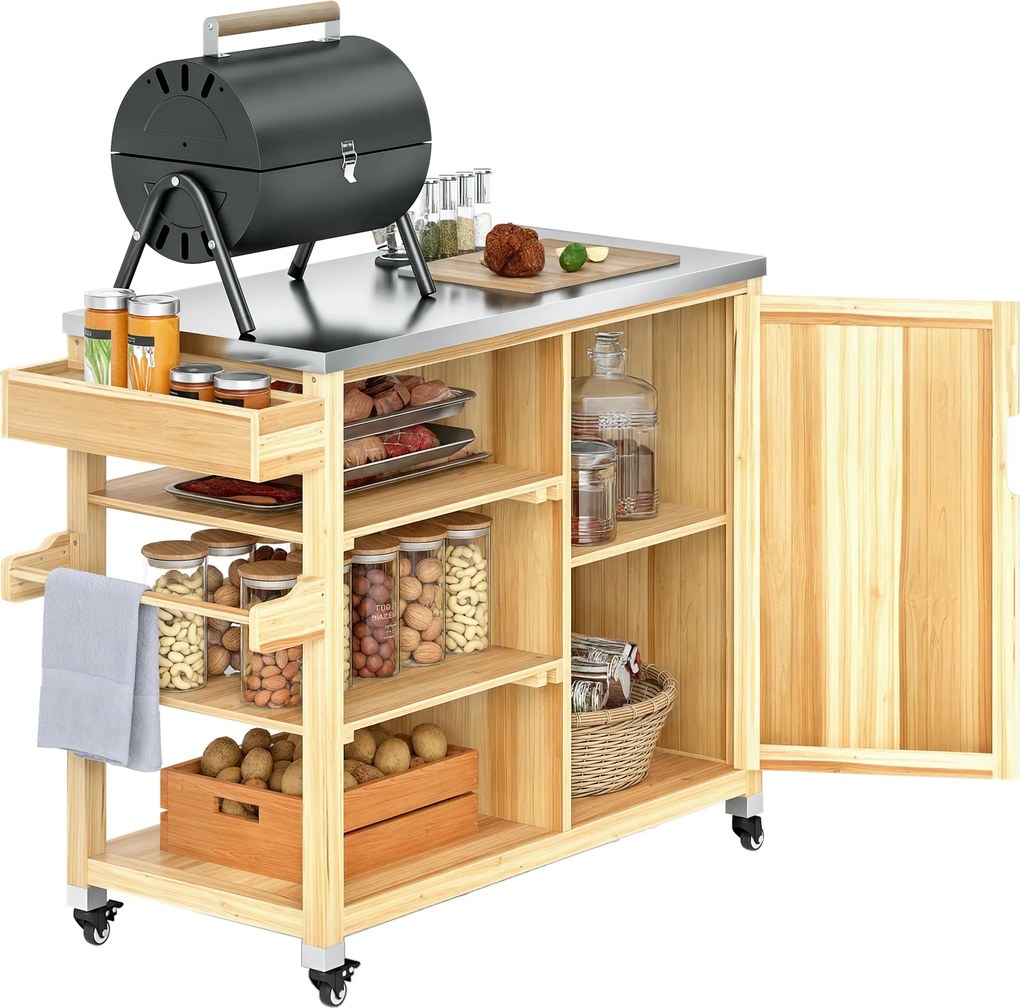 Grilovací stůl Outsunny 6-patrový vozík s pracovním povrchem, držák na utěrky, BBQ stůl z dřeva, boční grilovací stůl, venkovní vozík, uhlíkový gril d