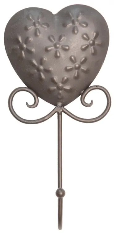 Hnědý antik nástěnný háček se srdcem Hart Flowy – 10x5x21 cm