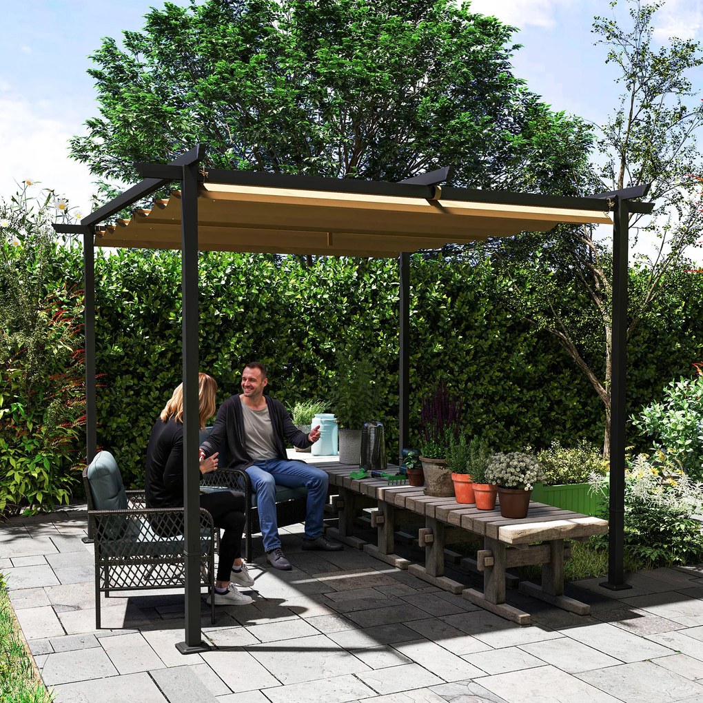 zahradní pergola 3 x 3 m s nastavitelnou střechou, kovový rám, ochrana UPF30+, sluneční stříška na verandu, terasu, béžová barva