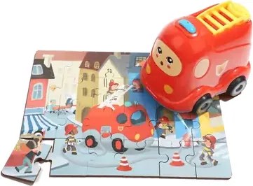TOP BRIGHT Dřevěné puzzle s hračkou Hasičské auto / 24 dílků