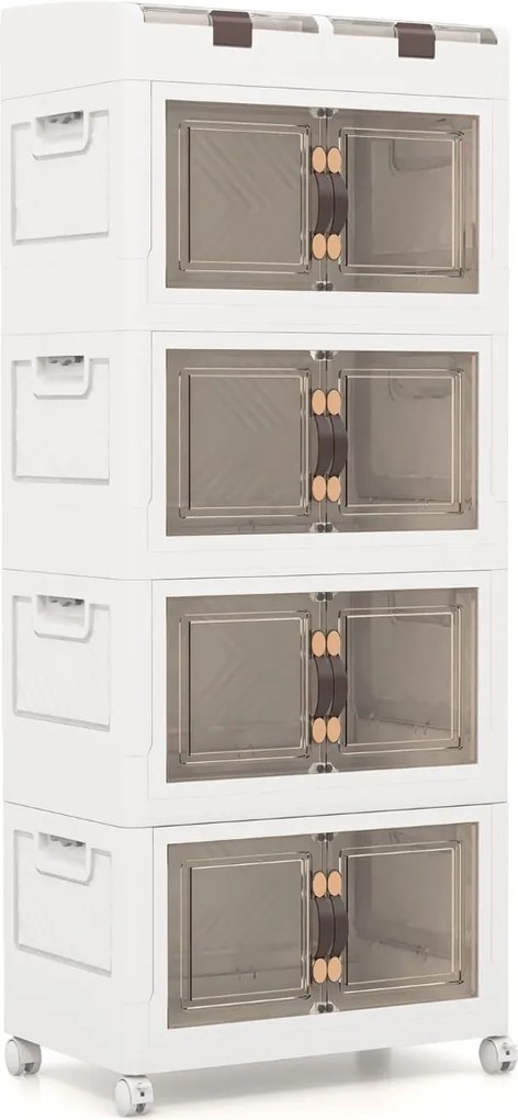 Costway Balení 4 stohovacích boxů s víkem, kolečky a dvířky Skládací úložný box