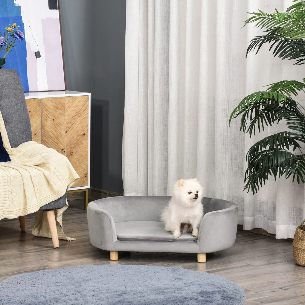 Pohovka pro psy PawHut s holandským sametem a pěnou, 86 x 55 x 33 cm, pro malé psy a kočky, březové nohy, světle šedá